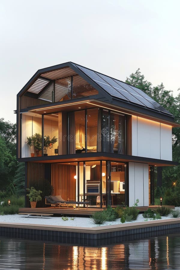 3D Model of a Modern House with Solar Panels, Showcasing Sustainable ...