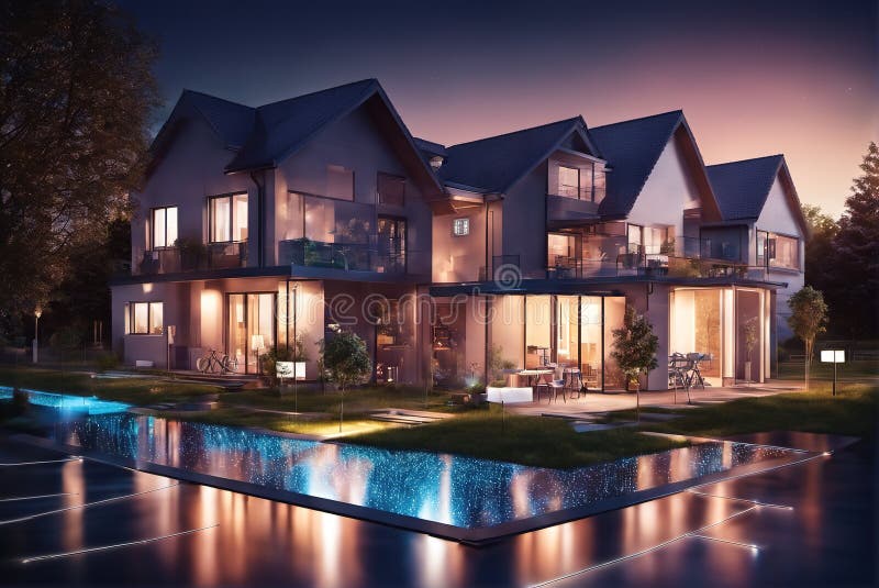 3D Model of Modern Luxury Villa Complex Building at Night Stock ...