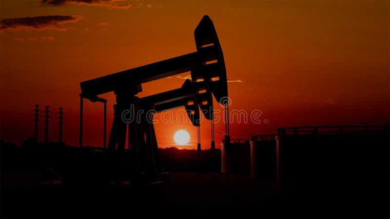3D Model of Oil Production Pumping Unit and Storage Tank Against Sunset ...