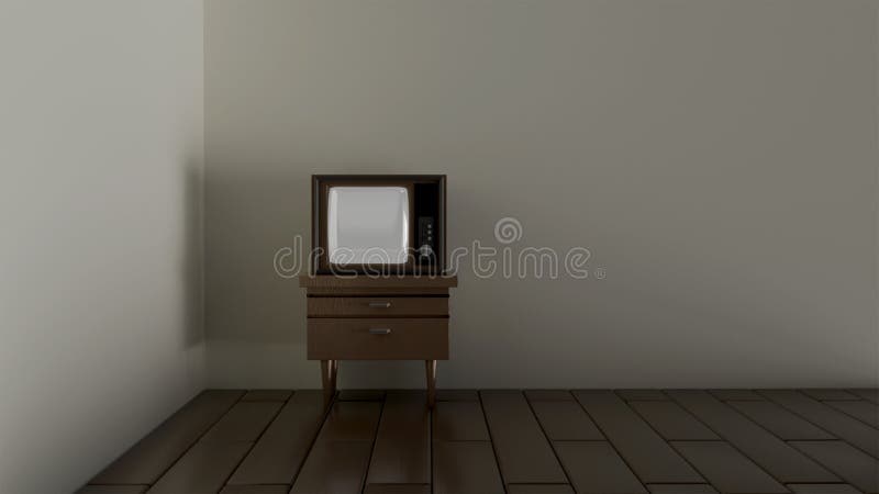 3D Model of an Old TV on a Nightstand in an Empty Bright Room Stock ...