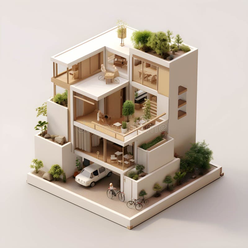 3d Model of Private House with Different Rooms and Materials. Concept ...