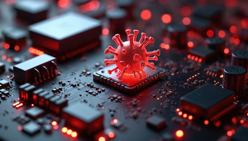 3D Model of Red Virus Lies on Black Computer Motherboard. Digital ...