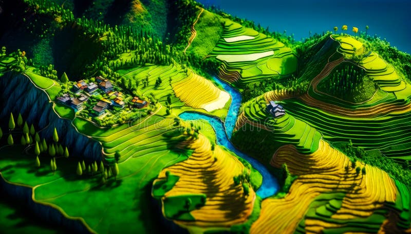 3d Model of Rice Field with Mountains in the Background. Generative AI ...