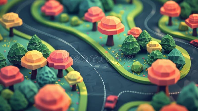 A 3d Model of a Road with Trees and Bushes, AI Stock Photo - Image of ...