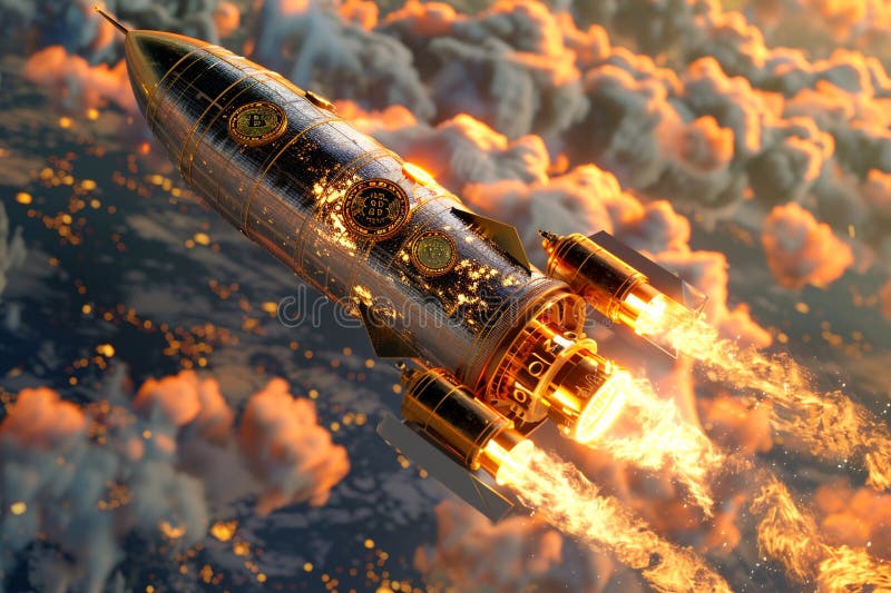 3D Model of a Rocket Ship Its Thrusters Powered by Gold Coins Stock ...