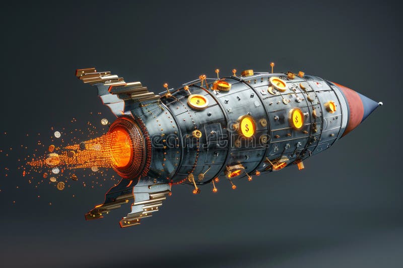 3D Model of a Rocket Ship Its Thrusters Powered by Gold Coins Stock ...