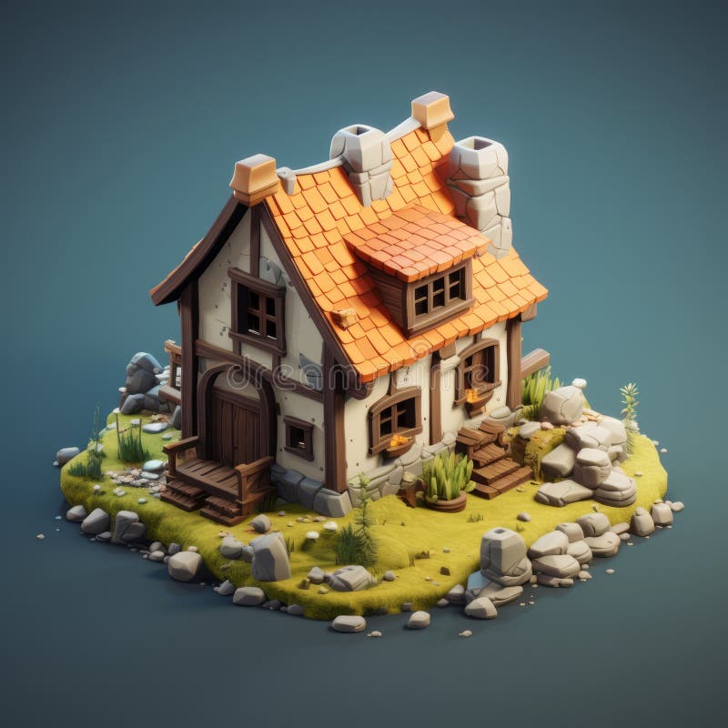 3d Model of a Small House in the Middle of a Field Stock Illustration ...