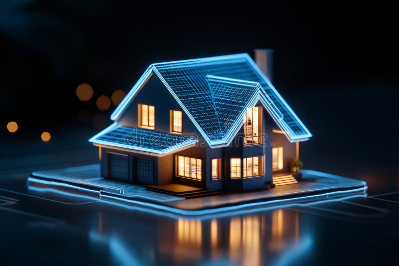 3D Model of a Smart Home with Illuminated Blue Accents. Futuristic ...