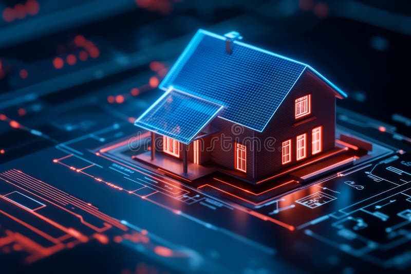 3D Model of a Smart Home with Illuminated Blue Accents. Futuristic ...