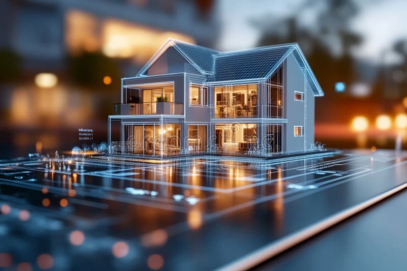 3D Model of a Smart Home with Illuminated Blue Accents. Futuristic ...