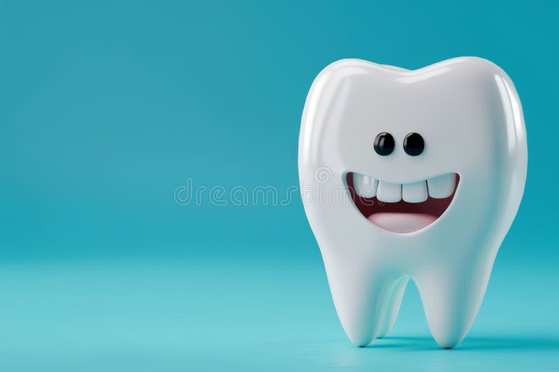 A 3D Model of a Smiling White Tooth on a Plain Blue Background Stock ...
