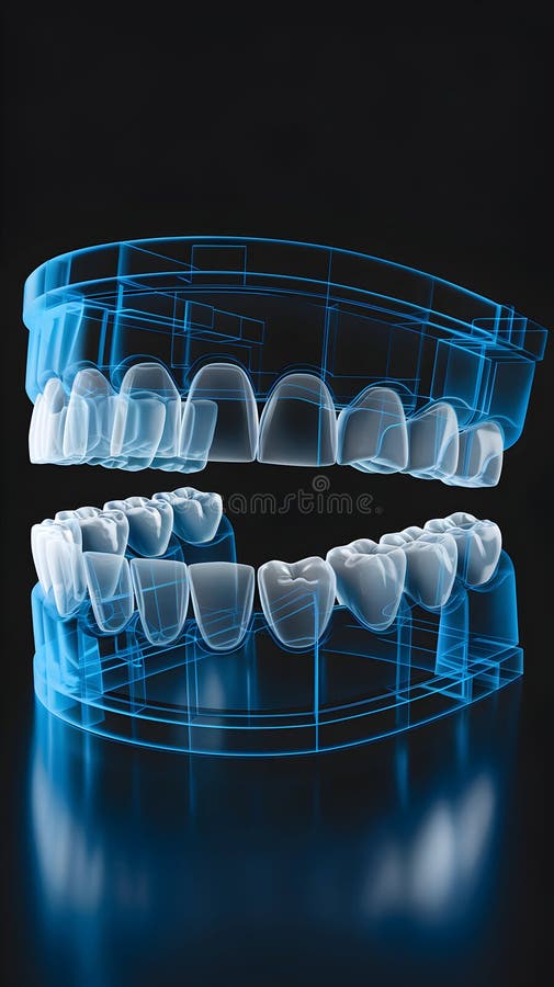 3D Model of Teeth and Gums in Translucent Blue with a Wireframe Overlay ...