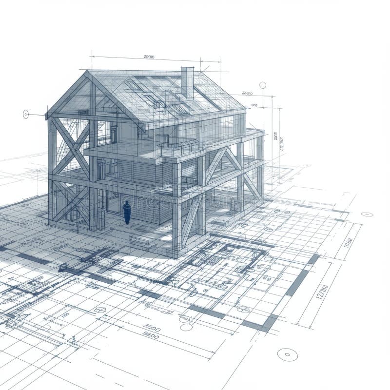 3D Model of a Timber Frame House with Blueprints Stock Illustration ...