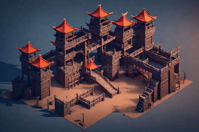 3d Model of a Traditional Chinese Temple in Isometric Illustration ...