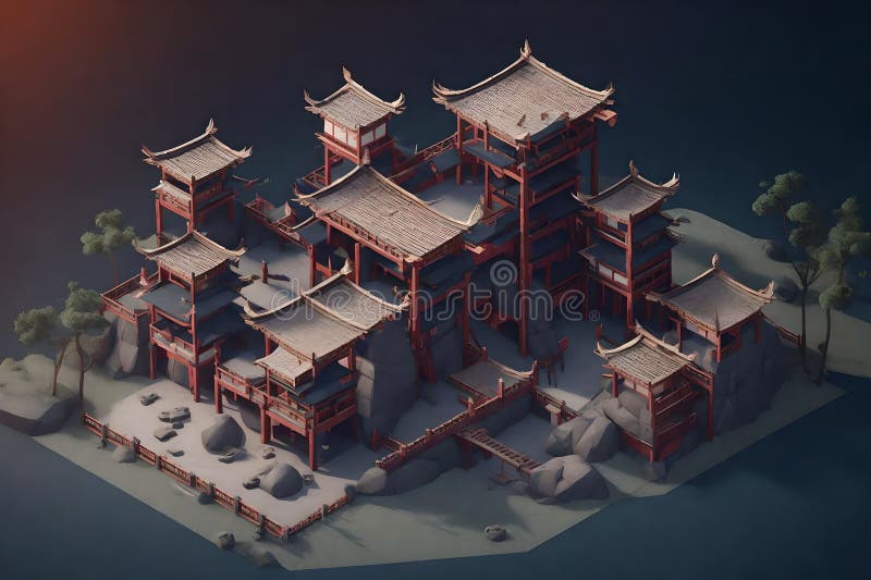 3d Model of a Traditional Chinese Temple in Isometric Illustration ...