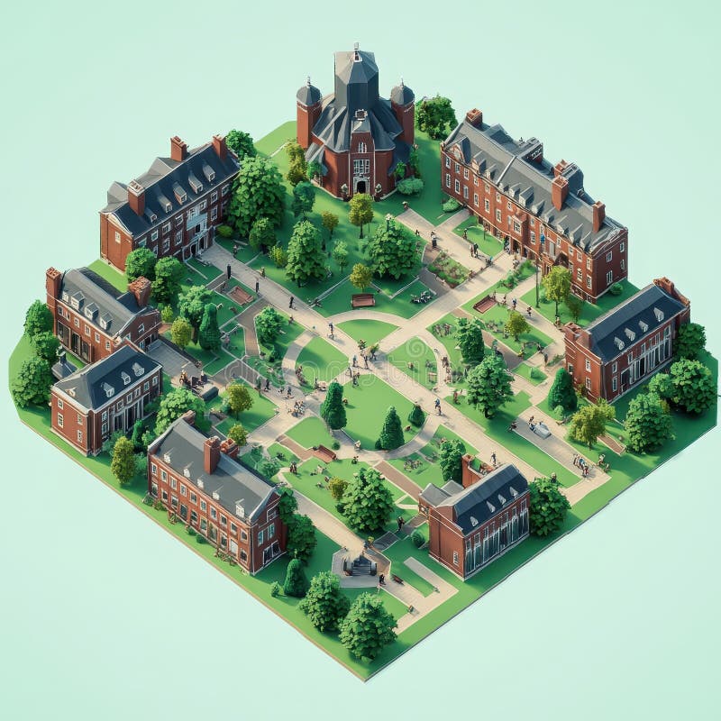A 3D Model of a University Campus Featuring Buildings, Pathways, and ...