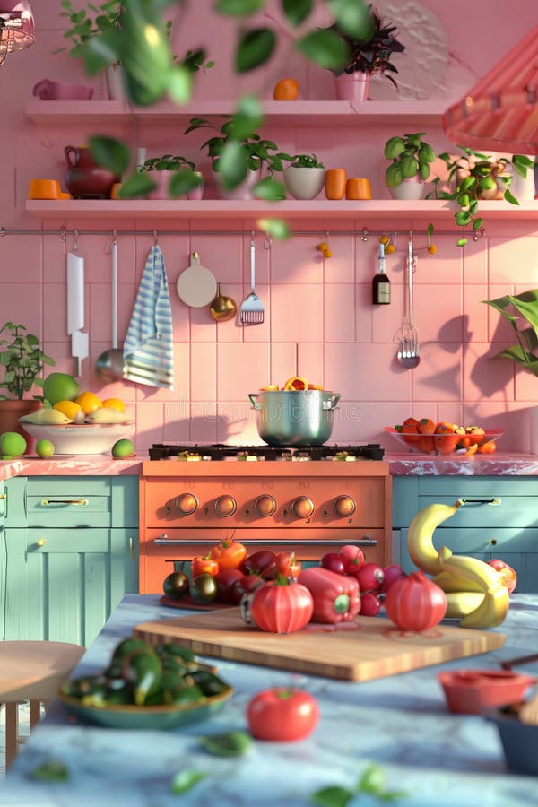 A 3D Model of a Vegan Kitchen with Plantbased Ingredients and Chefs ...