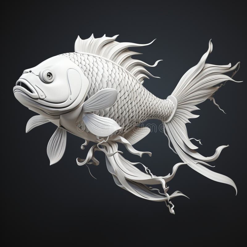Intricately Sculpted Manga-style Koi Fish 3d Model in Greyscale Stock ...
