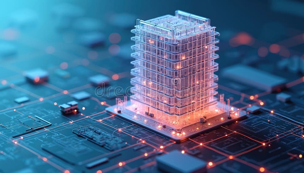 3D Model Wireframe Building on Blue Motherboard Background. Digital ...