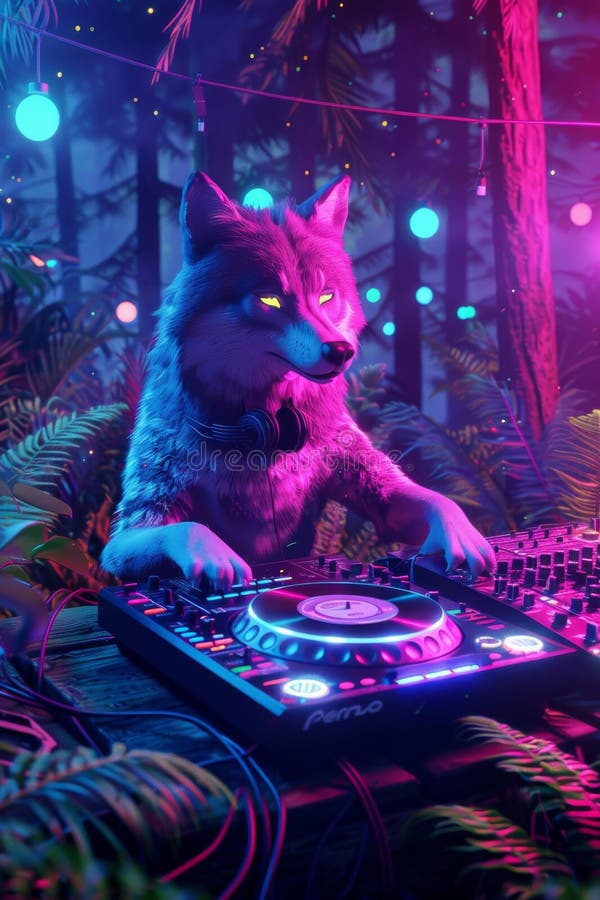A 3D Model of a Wolf As a DJ Spinning Records at a Forest Party with ...
