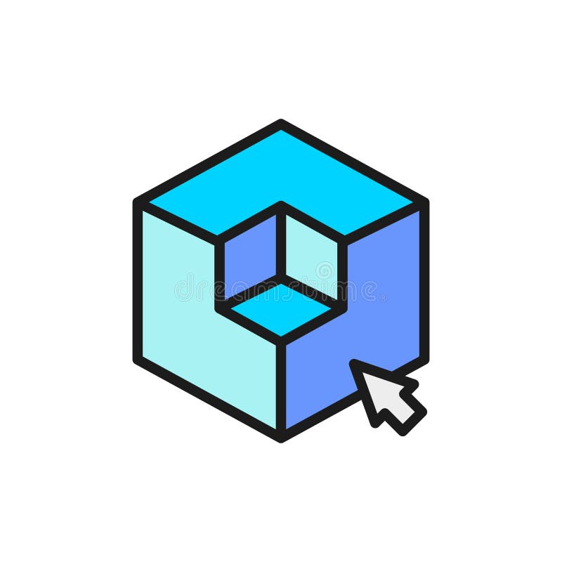 3D Modeling, 3 Dimensional Model, Cube Geometric Shape Flat Color Line ...