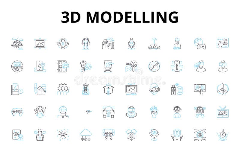 3d Modelling Linear Icons Set Rendering Sculpting Texturing