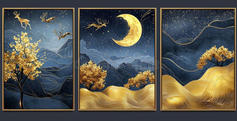A 3d, Modern Art Wall Frame Featuring a Deer, Sun, Golden Trees, and ...