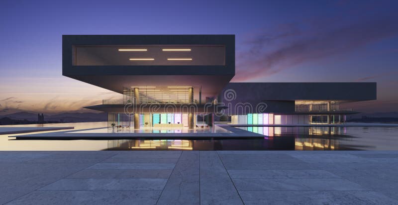 3D Modern Buildings Have Colored Gradient Glass Walls with a Pond ...