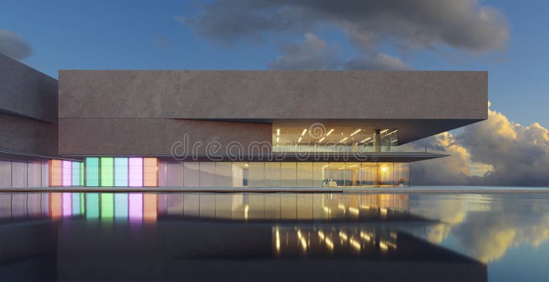 3D Modern Buildings Have Colored Gradient Glass Walls with a Pond ...
