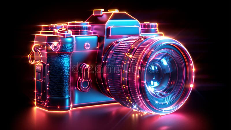 Modern Camera Icon in Bright Neon Graphic Style Black Background Stock ...
