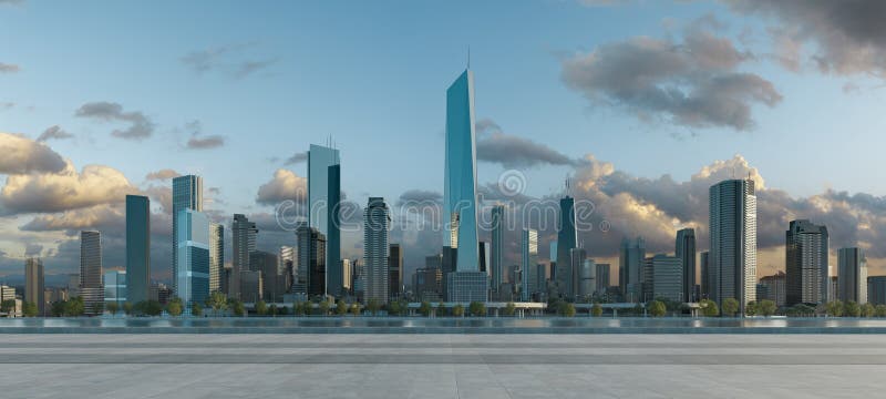 3D Modern City with a Beautiful View and Empty Floor in Front Stock ...