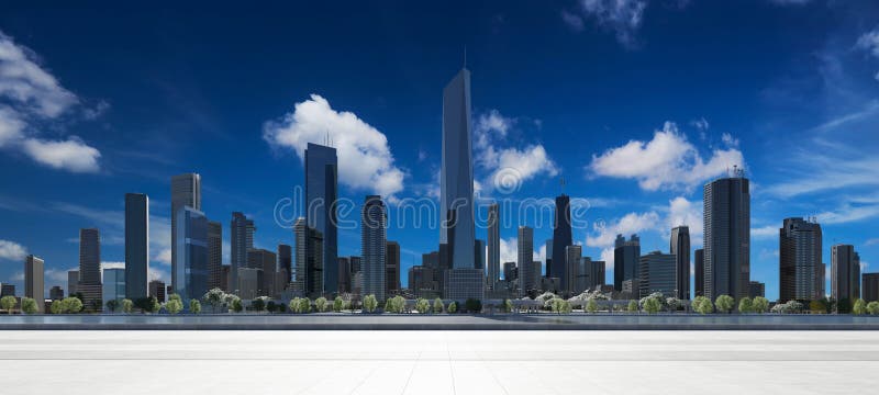 3D Modern City with a Beautiful View and Empty Floor in Front Stock ...