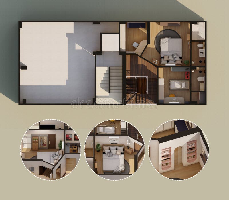 3D Modern House Architectural Floor Plan with Blow Up of Interior Stock Illustration ...