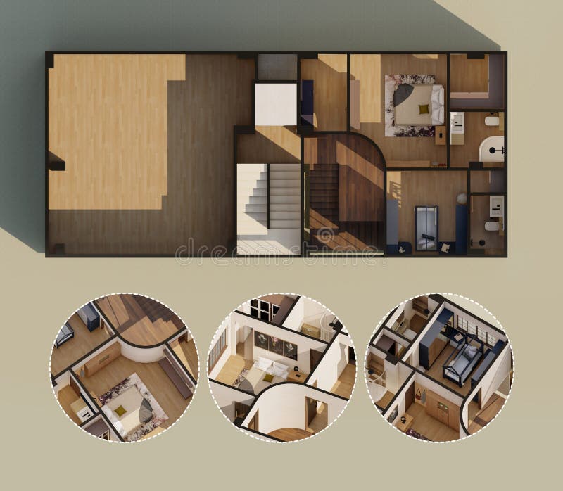 3D Modern House Architectural Floor Plan with Blow Up of Interior Stock Illustration ...