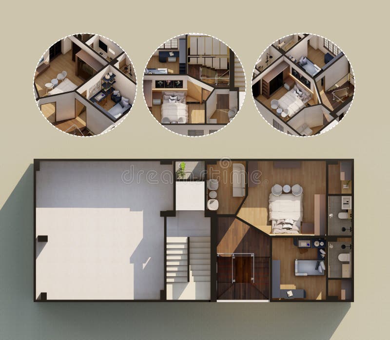 3D Modern House Architectural Floor Plan with Blow Up of Interior Stock ...