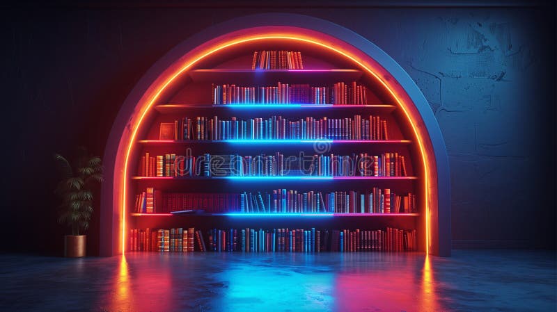 Modern Library Icon in Bright Neon Graphic Style Black Background Stock ...