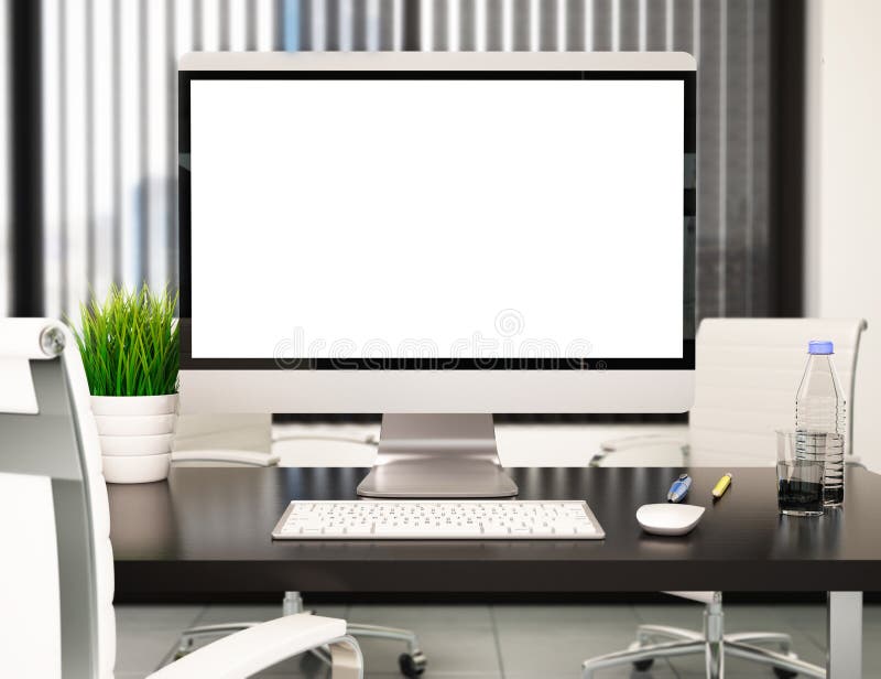 3D Modern Office with Blank Computer Screen. Mockup Stock Illustration ...