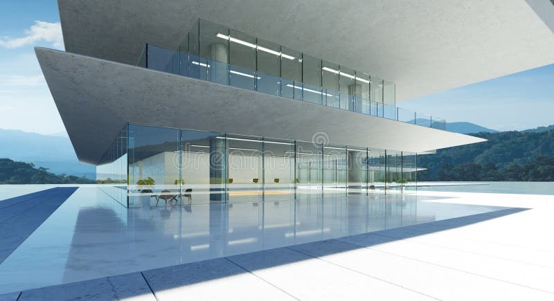 3D Modern Office Building with Concrete and Glass Facade Stock ...
