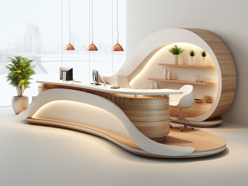 3d Modern Receptionist Desk Design Featuring a Curved Design and ...