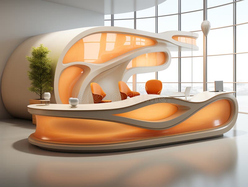3d Modern Receptionist Desk Design Featuring a Curved Design and ...