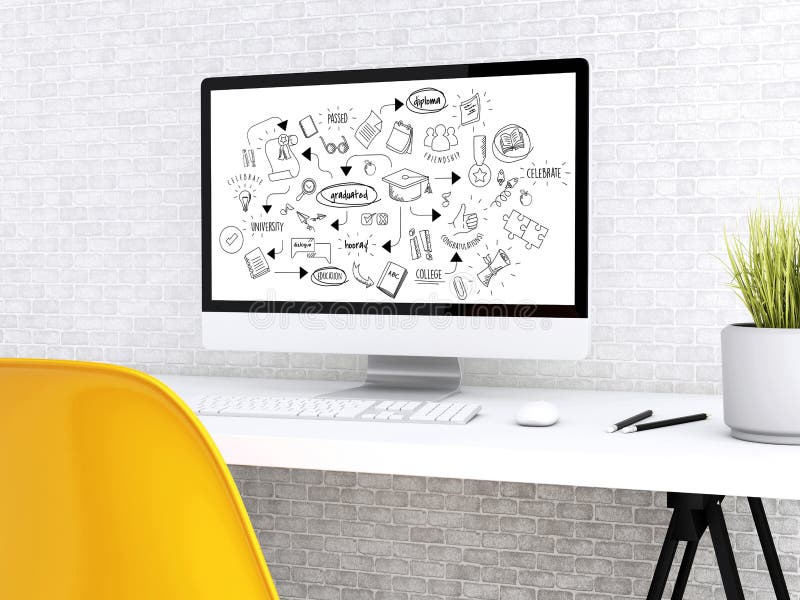 3d Modern Workspace and Computer with Education Sketch Stock ...