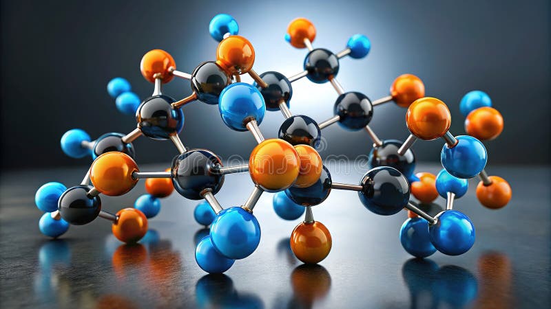 3D Molecular Model Visualization Blue Orange and Black Spheres ...