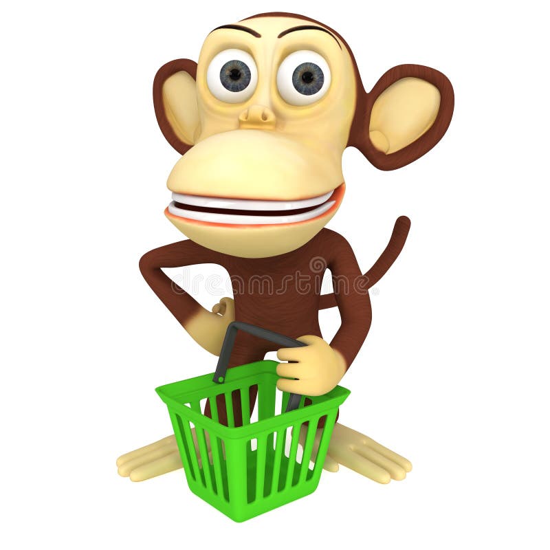 3d Monkey with Shopping Basket Stock Illustration - Illustration of ...