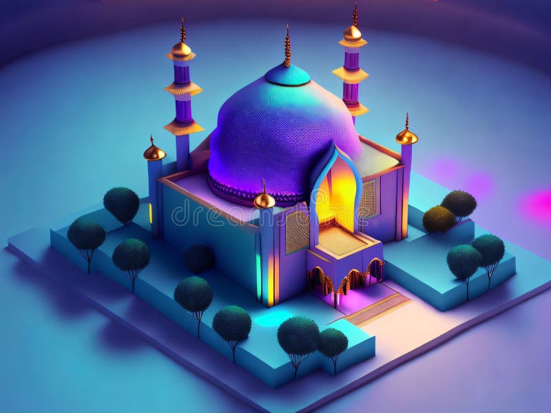 3D Mosque Render with Neon Color Effect Stock Illustration ...