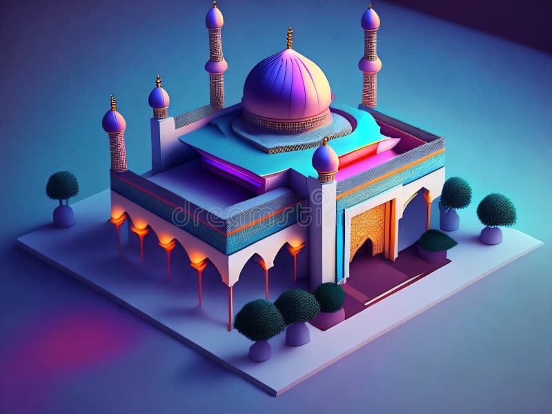 3D Mosque Render with Neon Color Effect Stock Illustration ...