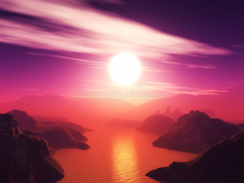 3D Mountain Landscape Against a Sunset Sky Stock Illustration ...