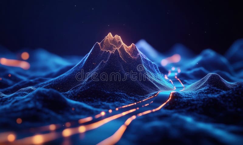 3D Mountain Landscape with Glowing Pathways and Neon Blue Terrain Stock ...
