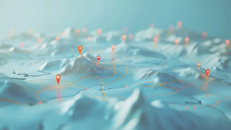 3D Mountain Map with Red Pins Stock Illustration - Illustration of data ...
