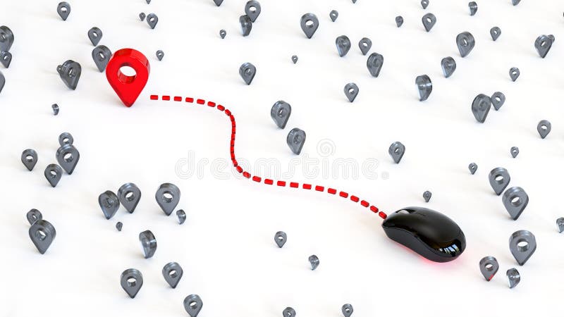 3D Mouse with Red Dashed Line Path To Red Pin Mark, GPS or Location ...