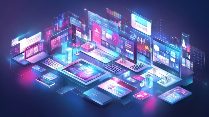 3D Multimedia Screen with Network Connections and Digital Devices Stock ...